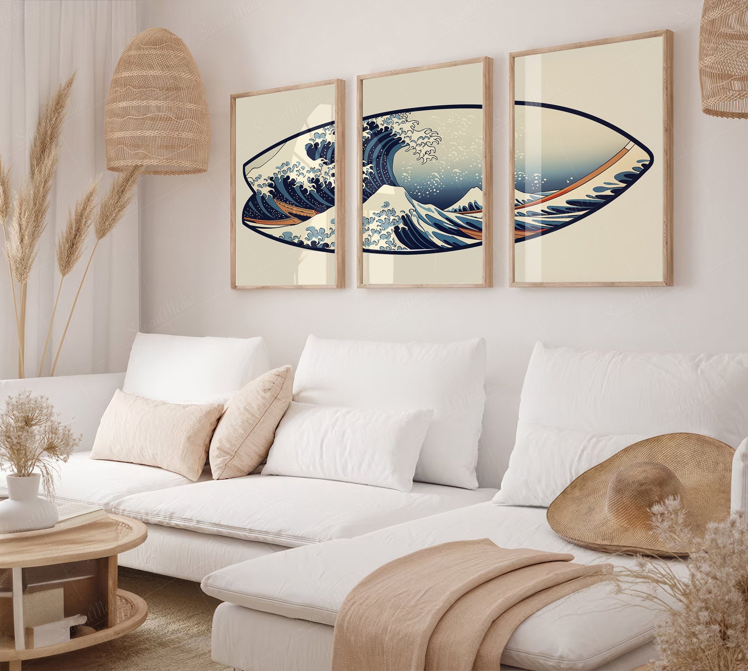 Boho Surfboard Triptych Beach Art Print Set Surf Wall Art Decor Digital ...