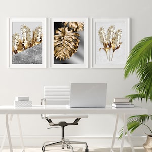 Gold Daisy Monstera Flowers and Leaf, White Floral Marble Wall Art ...