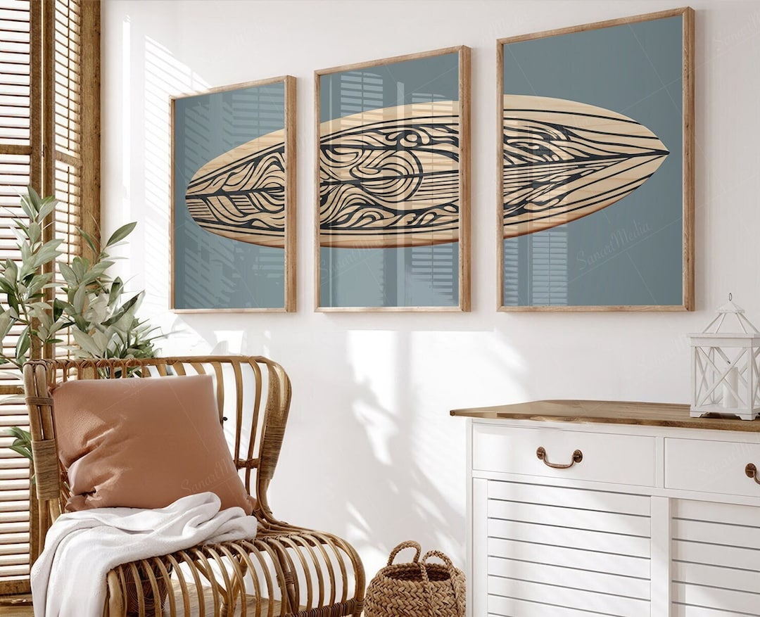 Boho Surfboard Triptych Print Set | Beach House Wall Art (digital ...