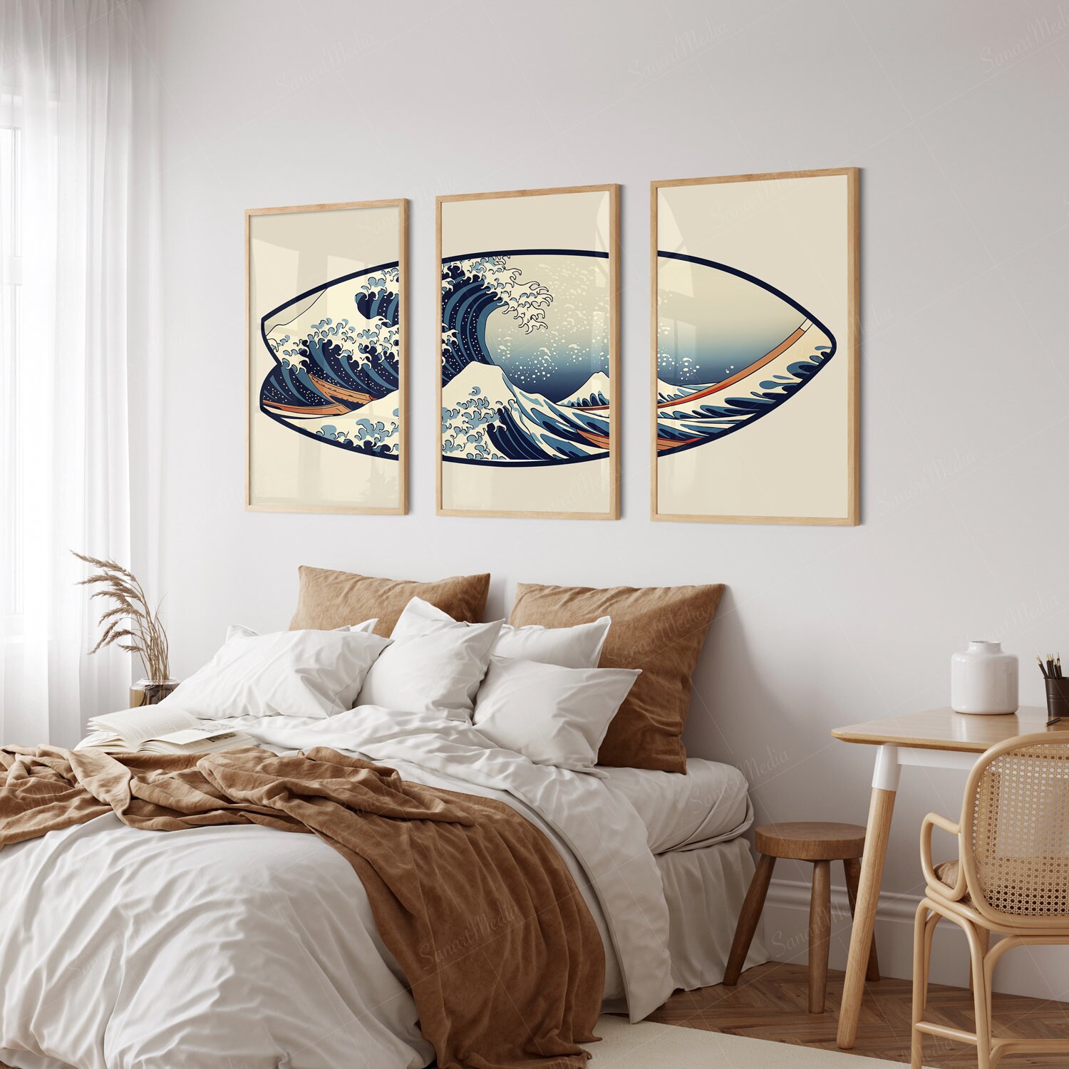 Boho Surfboard Triptych Beach Art Print Set Surf Wall Art Decor Digital ...