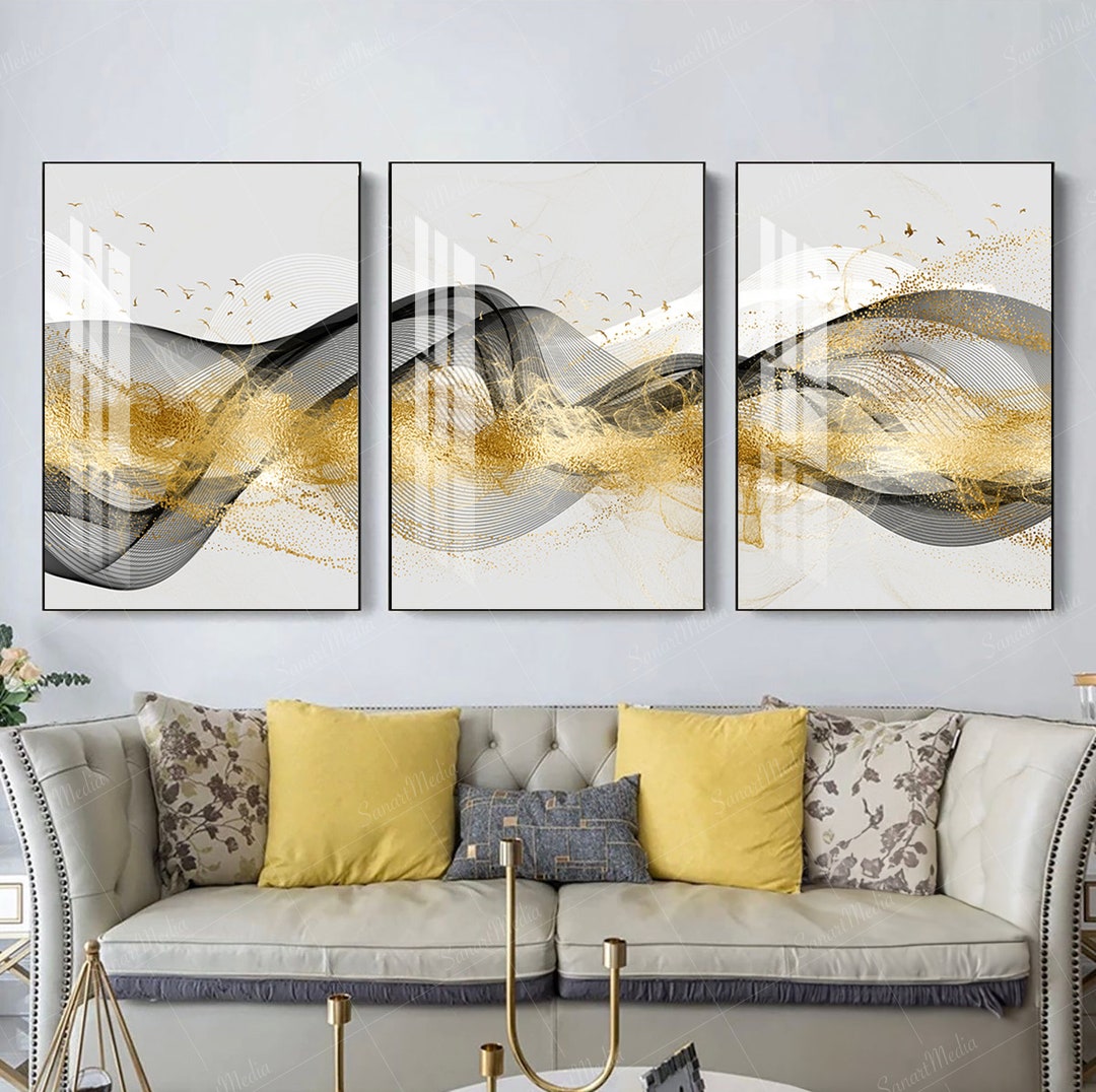 Triptych 3 Piece Set, Gold Sound Wave Wall Art, Bird Black Yellow Printable Modern Abstract ...