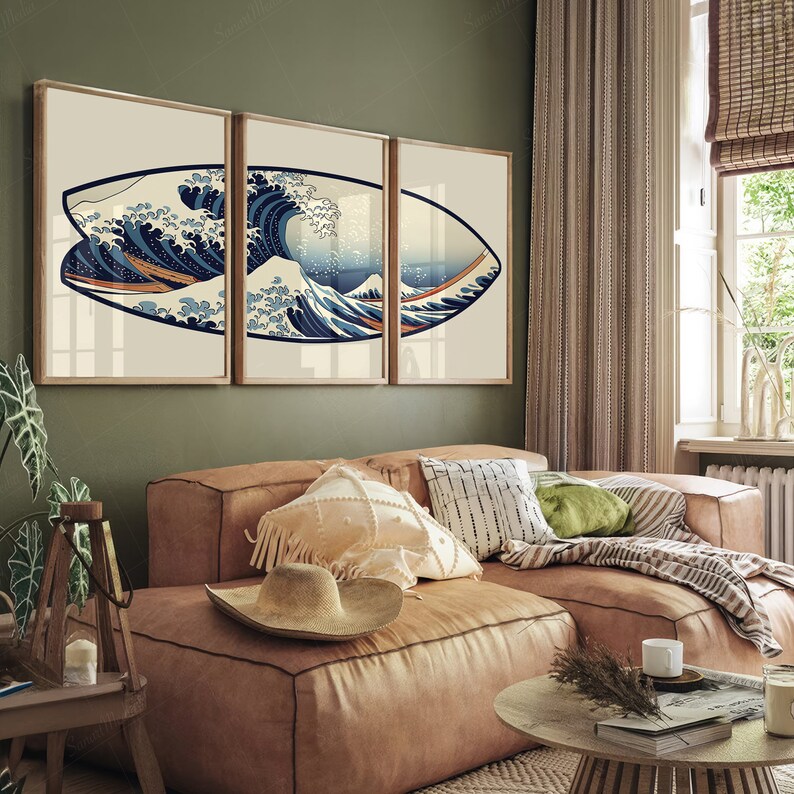 Boho Surfboard Triptych Beach Art Print Set Surf Wall Art Decor Digital ...