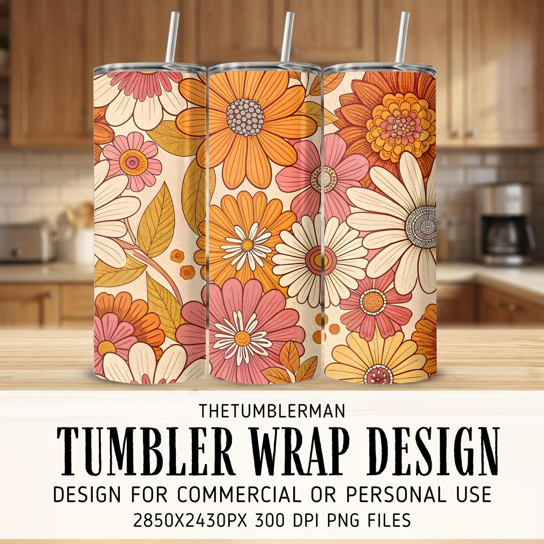 Retro Flower Digital Pattern for Tumbler, Vintage Floral PNG JPG, 70s ...