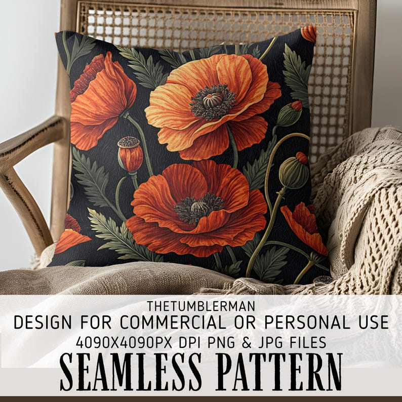 Orange Poppy Seamless Pattern Digital, Floral Art Print, Dark Botanical ...