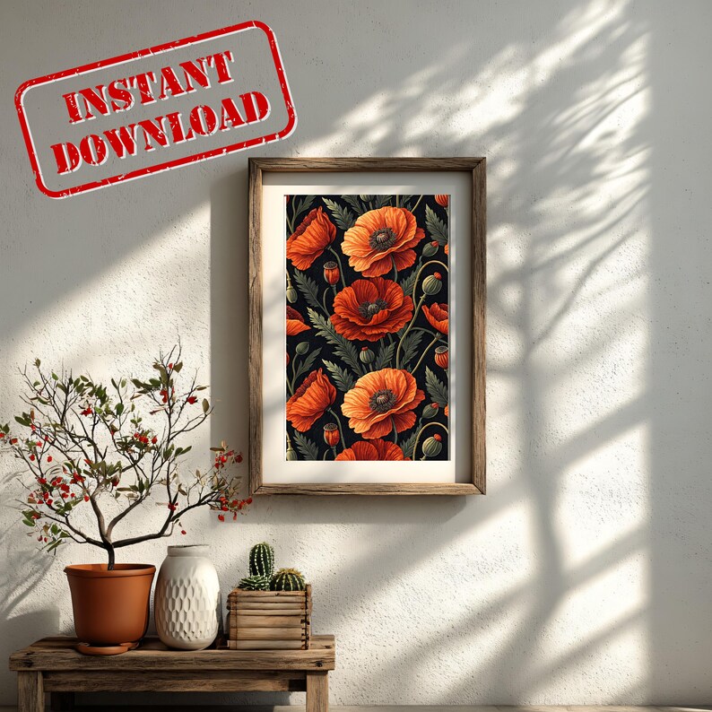 Orange Poppy Seamless Pattern Digital, Floral Art Print, Dark Botanical ...
