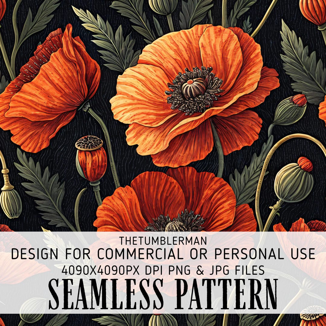 Orange Poppy Seamless Pattern Digital, Floral Art Print, Dark Botanical ...