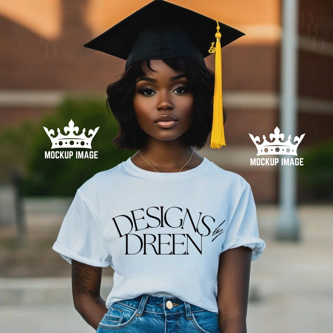 Mockup White T-shirt Mock-up, Black Woman Grad Mockup, Cap Graduation ...