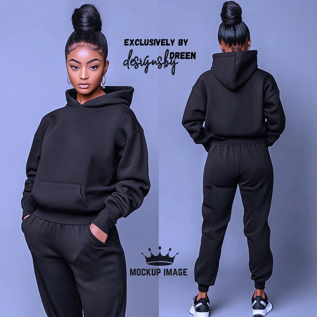 Mockup Black Woman Model, Black Front/back Sweatsuit Mockup, Black ...