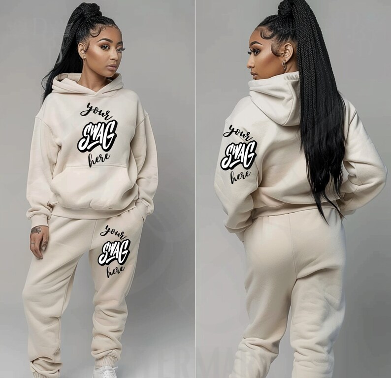 Mockup Black Woman, Sand Comfort Color Front/back Sweatsuit/sleeve ...
