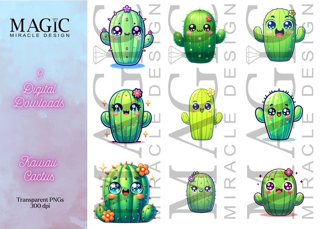 Cute Cactus Kawaii Clipart Digital Download Set Kawaii Clipart Cactus ...