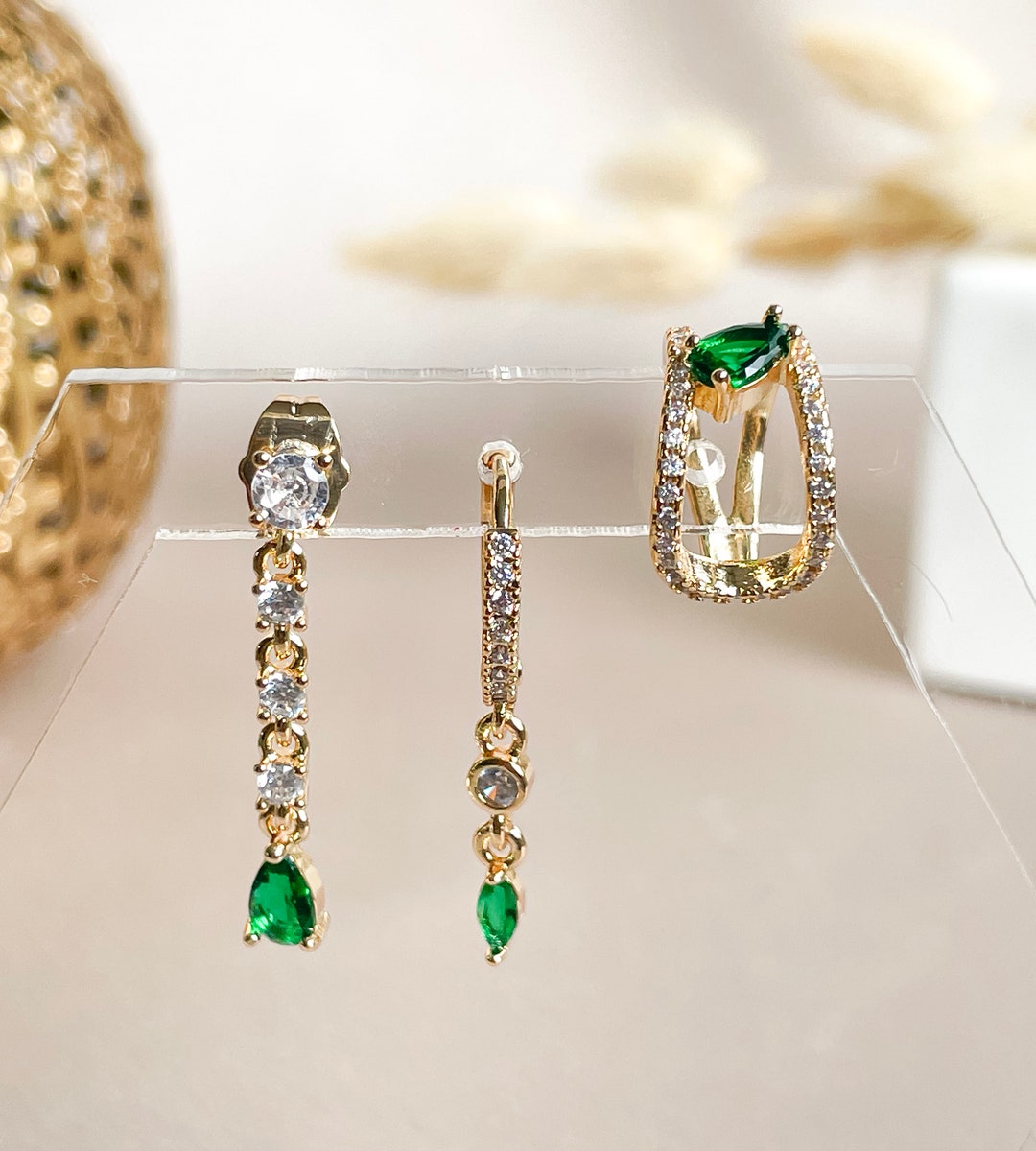 3 Pcs Emerald and Diamond Earring Sets, Earring Sets for Multiple ...