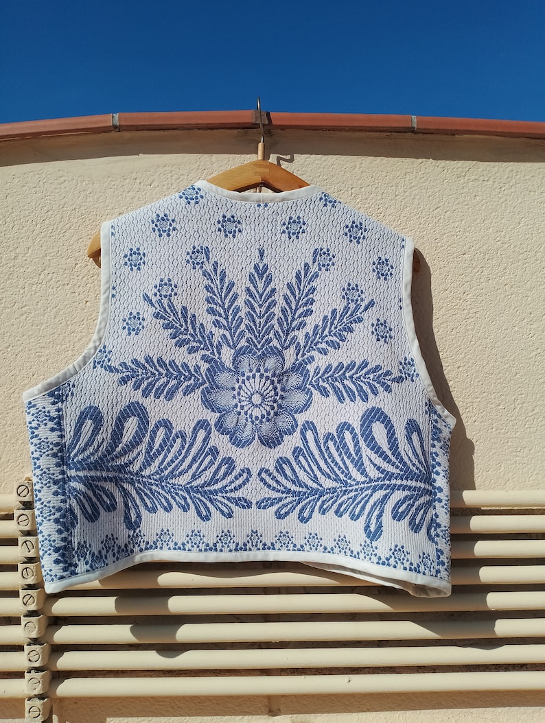 Handmade Upcycled Blue and White Floral Cotton Cropped Vest Tie Front ...