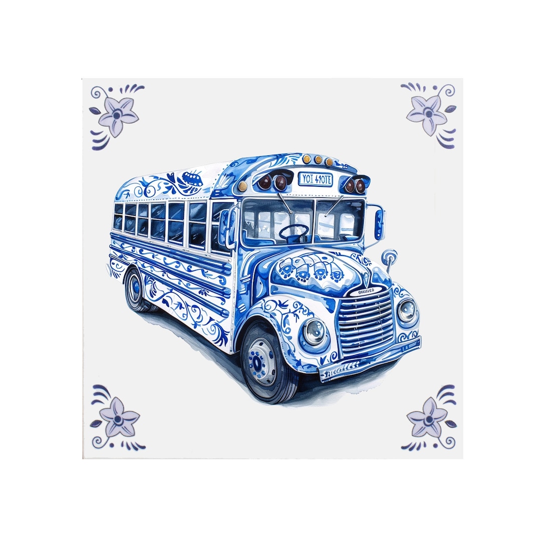 Delft Blue Ceramic Tile: School Bus Handmade Ceramic Art, Unique Gift ...