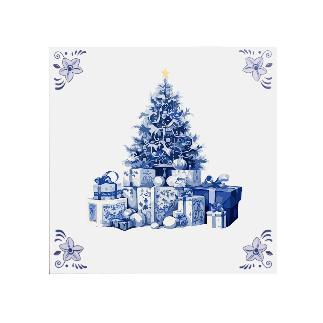 Delft Blue Ceramic Tile: Christmas Tree With Christmas Presents ...