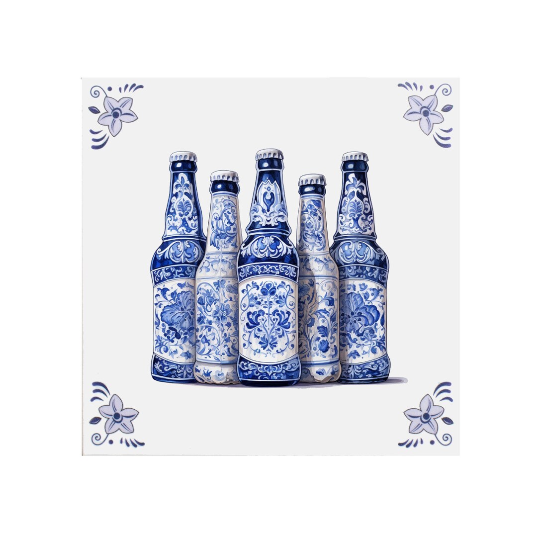 Delft Blue Ceramic Tile: Beer Bottles Handmade Ceramic Art, Unique Gift ...