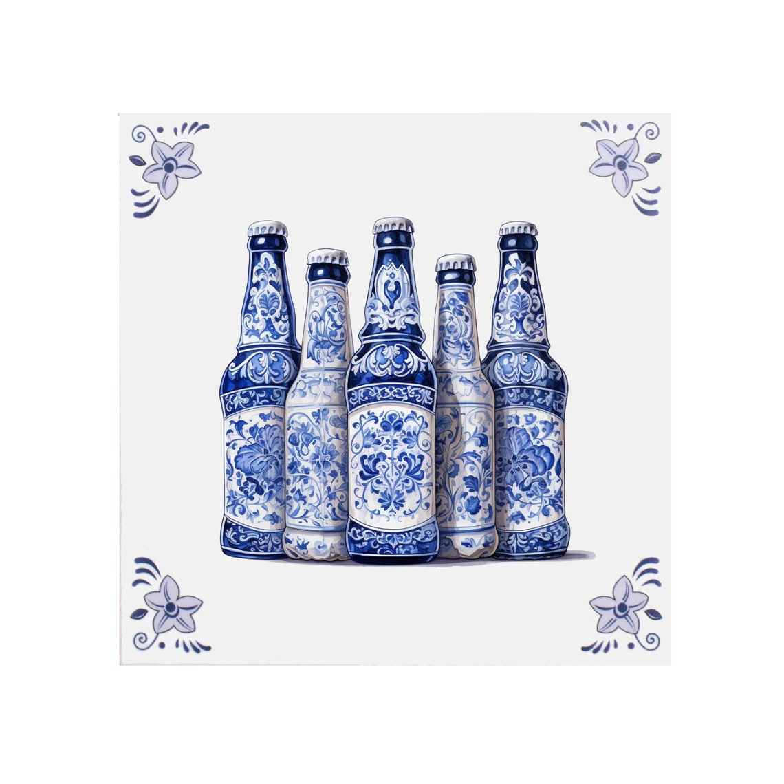 Delft Blue Ceramic Tile: Beer Bottles - Handmade Ceramic Art, Unique ...