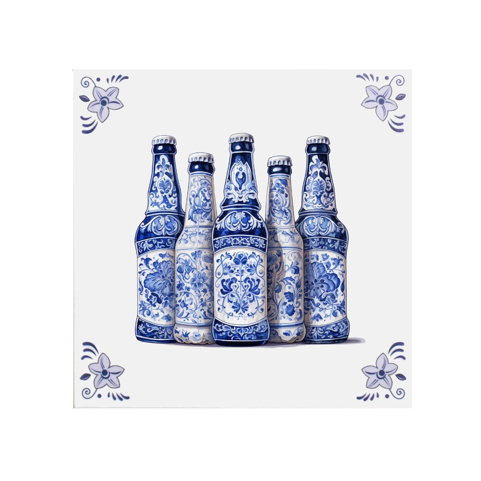 Delft Blue Ceramic Tile: Beer Bottles - Handmade Ceramic Art, Unique ...