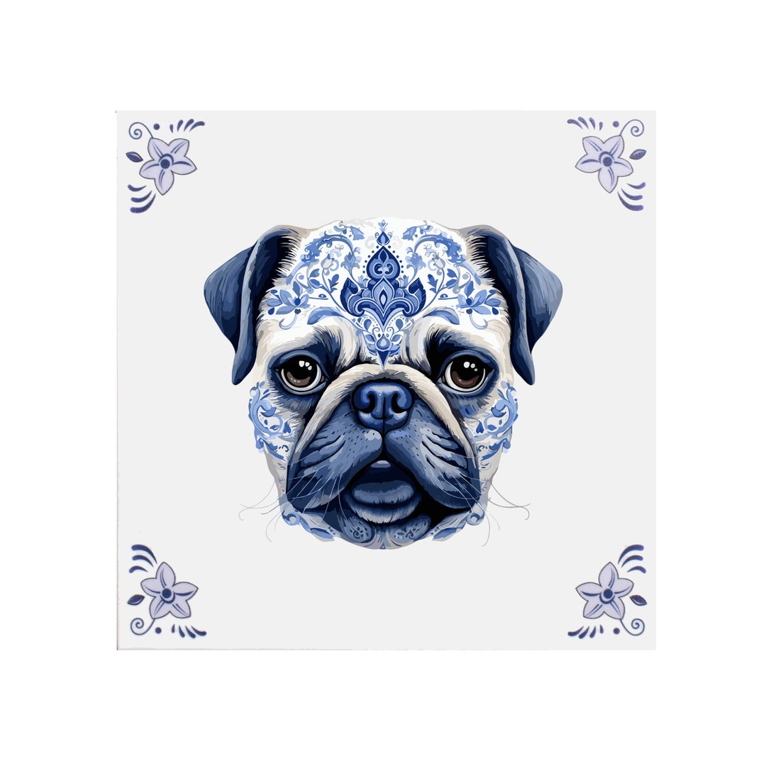 Delft Blue Ceramic Tile: Pug Dog Handmade Ceramic Art, Unique Gift ...