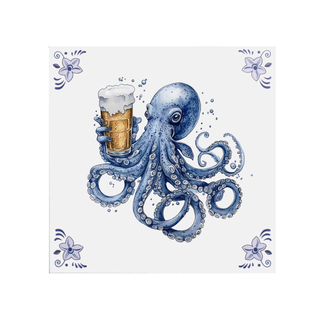 Delft Blue Ceramic Tile: Octopus With Beer Handmade Ceramic Art, Unique ...