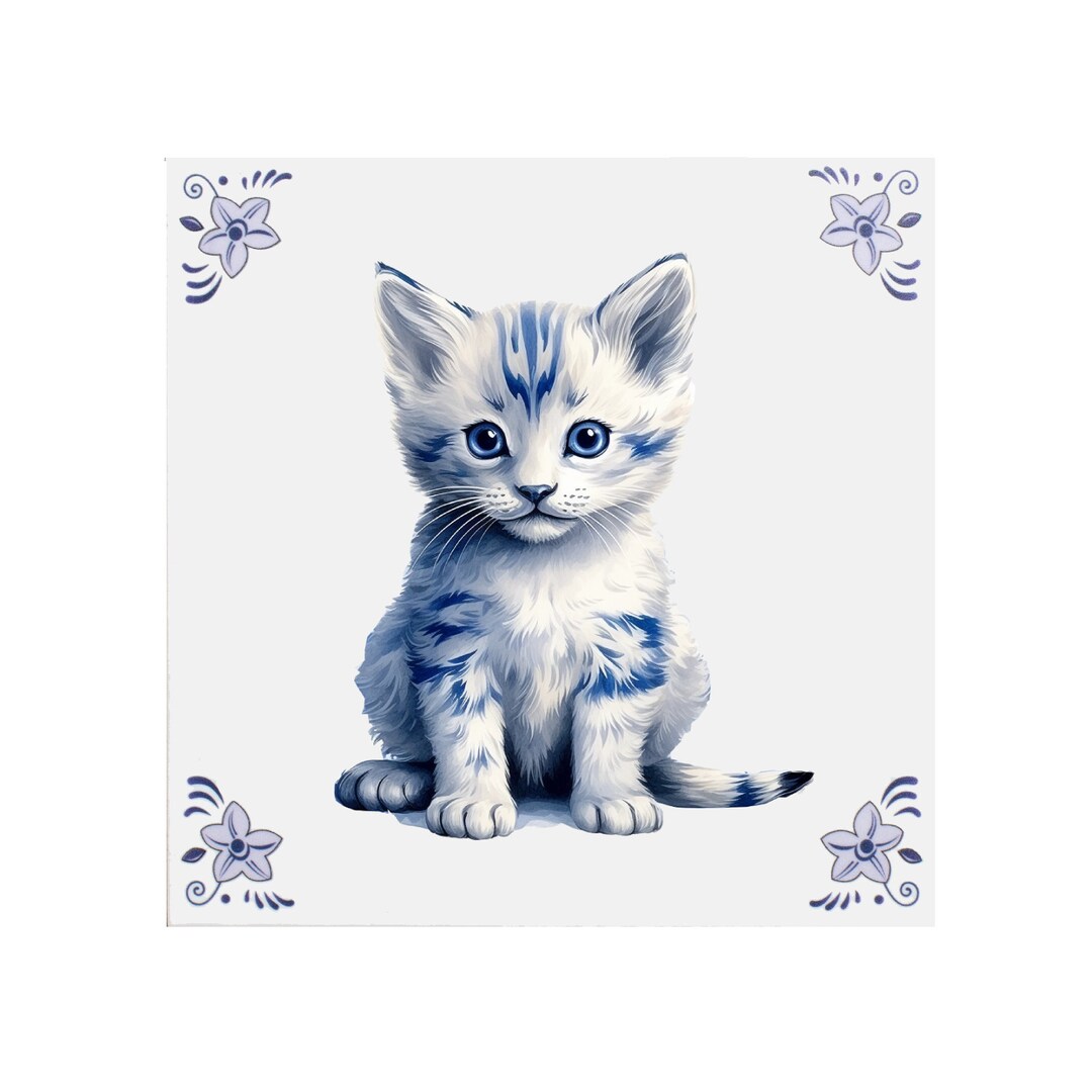 Delft Blue Ceramic Tile: Kitten / Cat - Handmade Ceramic Art, Unique ...