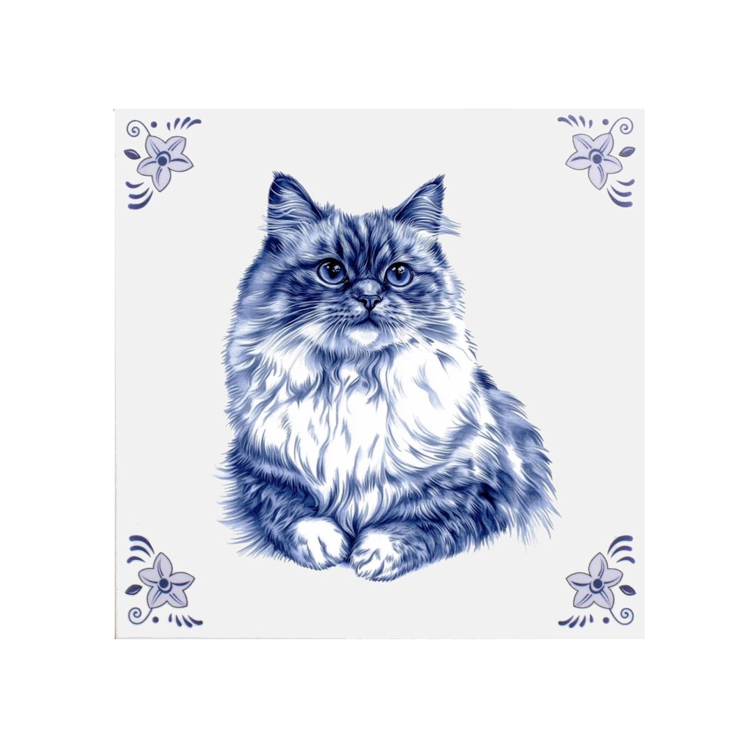 Delft Blue Ceramic Tile: Siberian Cat - Handmade Ceramic Art, Unique ...