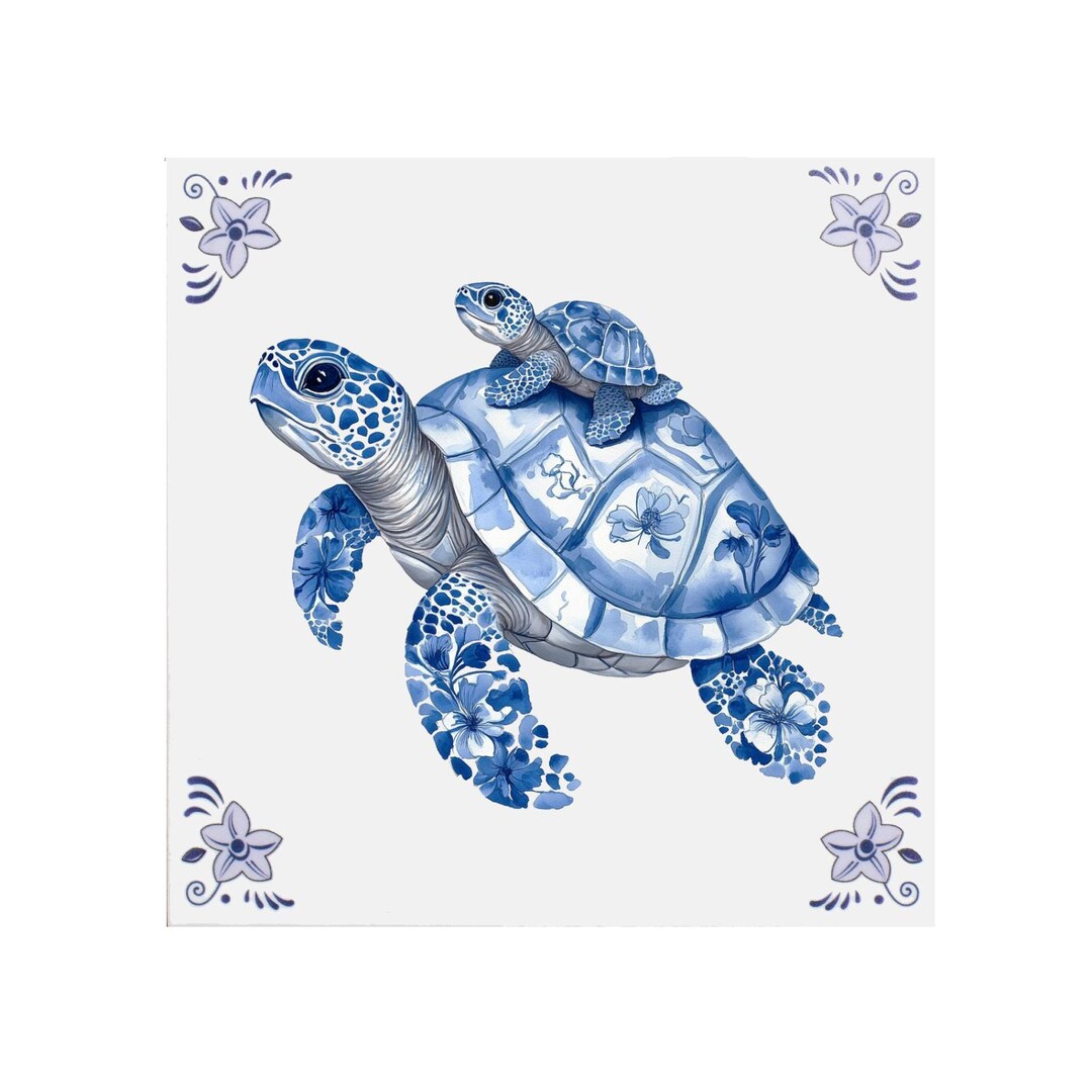 Delft Blue Ceramic Tile: Turtle With Baby Handmade Ceramic Art, Unique ...