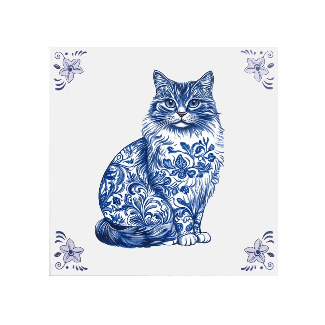 Delft Blue Ceramic Tile: Maine Coon Cat - Handmade Ceramic Art, Unique ...