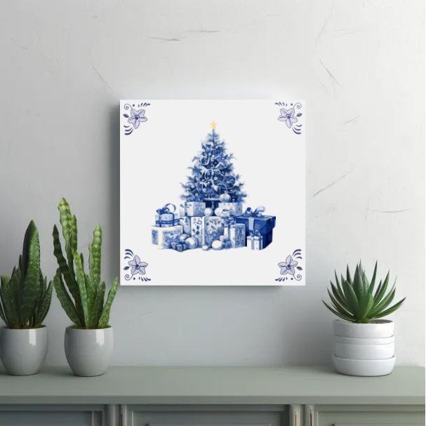 Delft Blue Ceramic Tile: Christmas Tree With Christmas Gifts Handmade ...