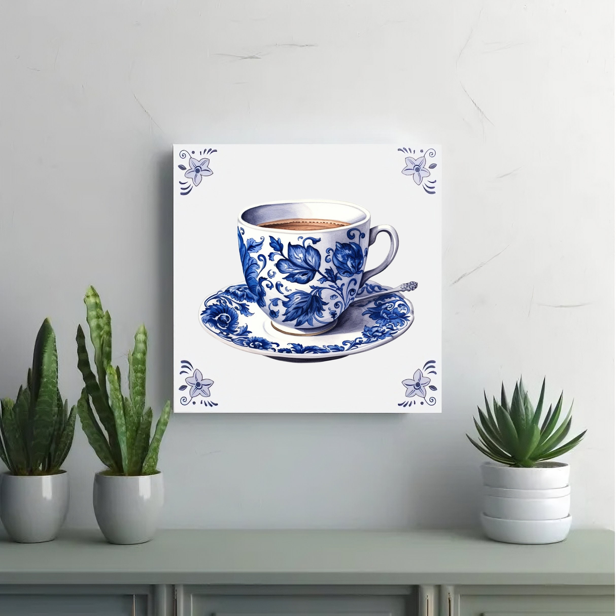 Delft Blue Ceramic Tile: Cup of Coffee Handmade Ceramic Art, Unique ...