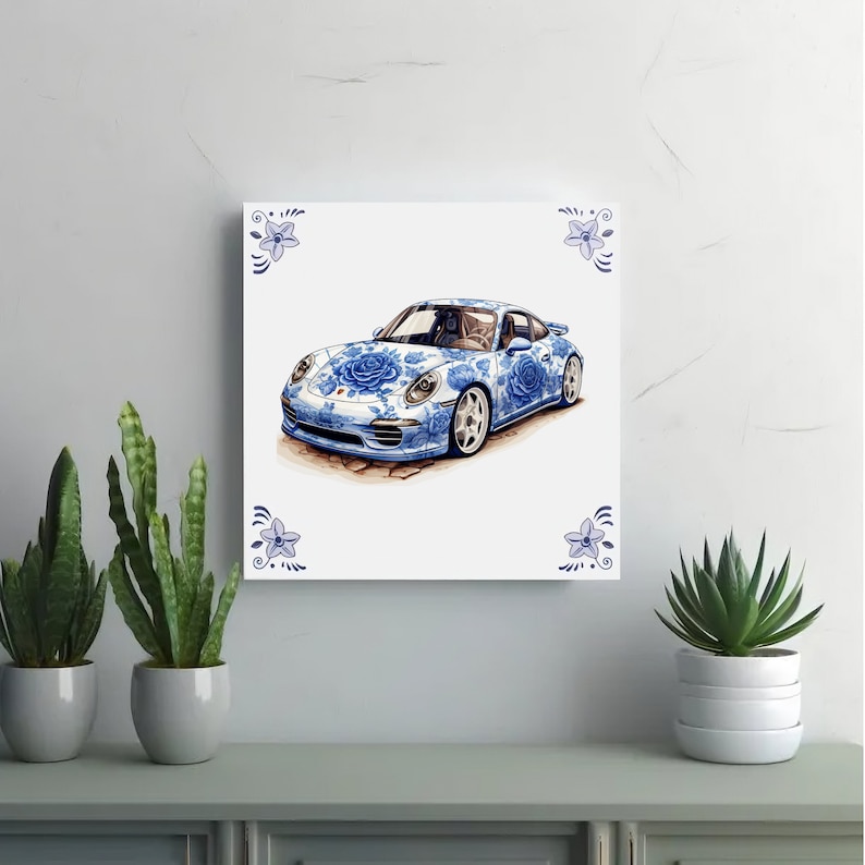 Delft Blue Ceramic Tile: Porsche 911 - Handmade Ceramic Art, Unique ...
