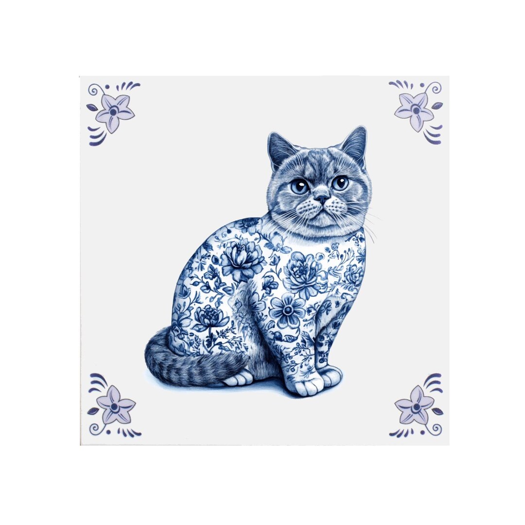 Delft Blue Ceramic Tile: British Shorthair Cat - Handmade Ceramic Art ...