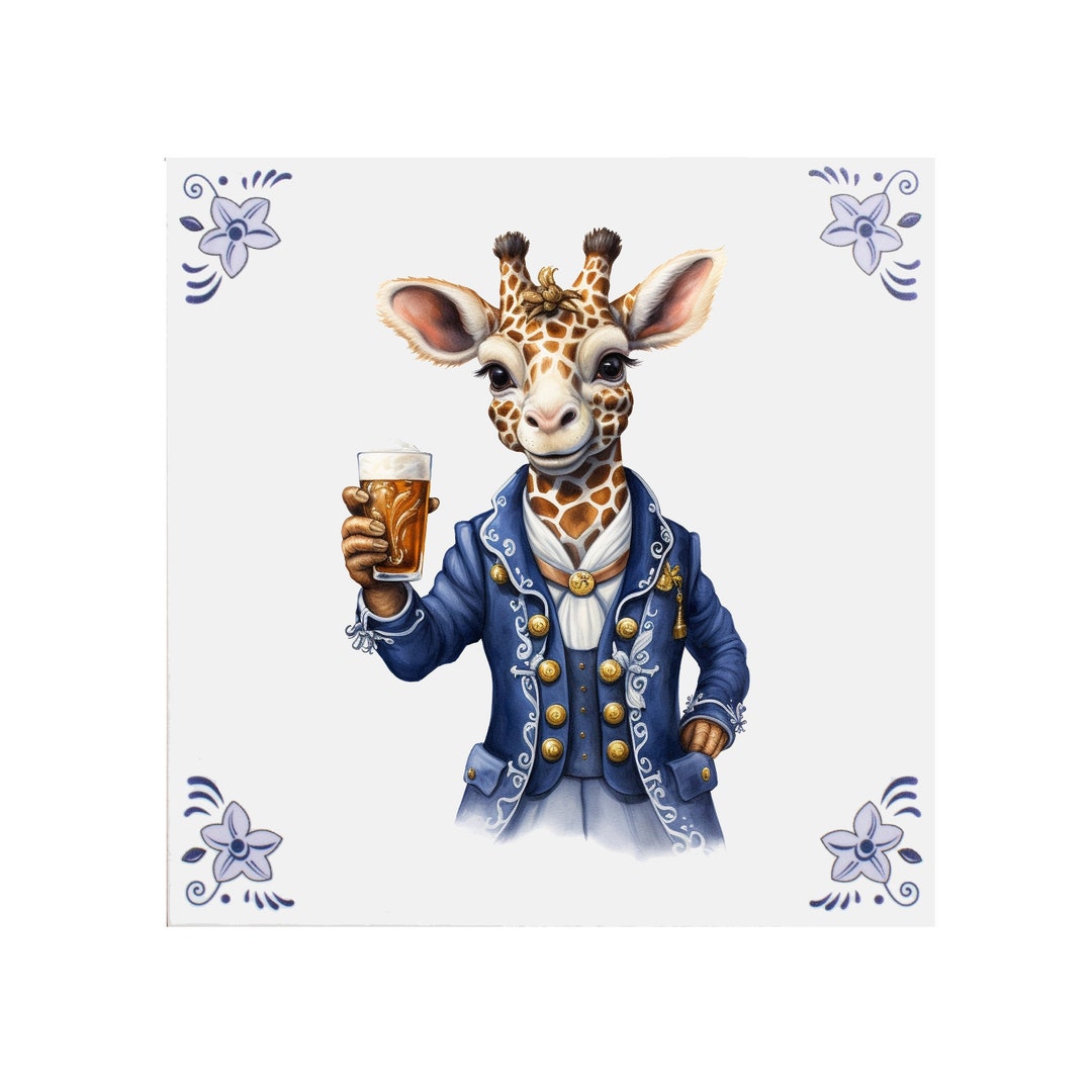 Delft Blue Ceramic Tile: Giraffe in Suit - Handmade Ceramic Art, Unique ...