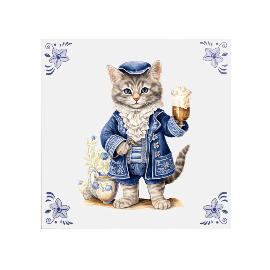 Delft Blue Ceramic Tile: Cat With Costume and Beer Handmade Ceramic Art ...