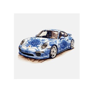 Delft Blue Ceramic Tile Porsche 911 Handmade Ceramic Art Unique
