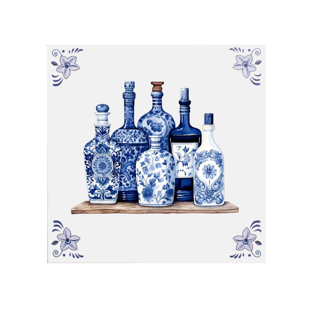 Delft Blue Ceramic Tile: Drink Bottles Handmade Ceramic Art, Unique ...