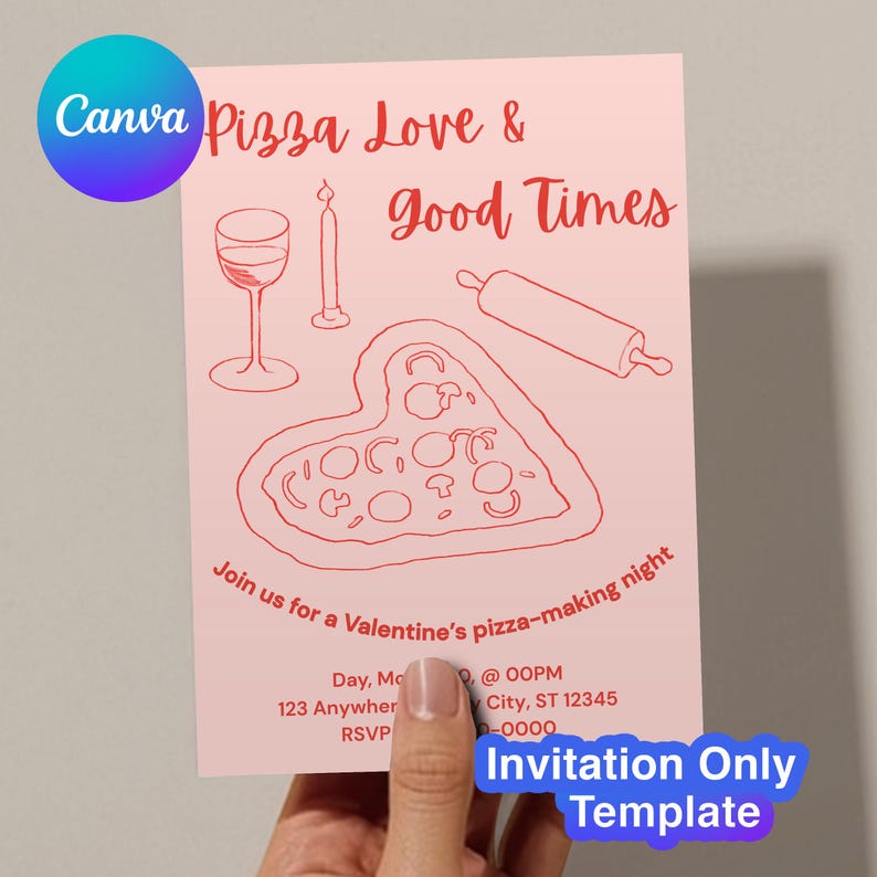 Valentine’s Day Pizza Party Invitation, Printable Canva Template ...
