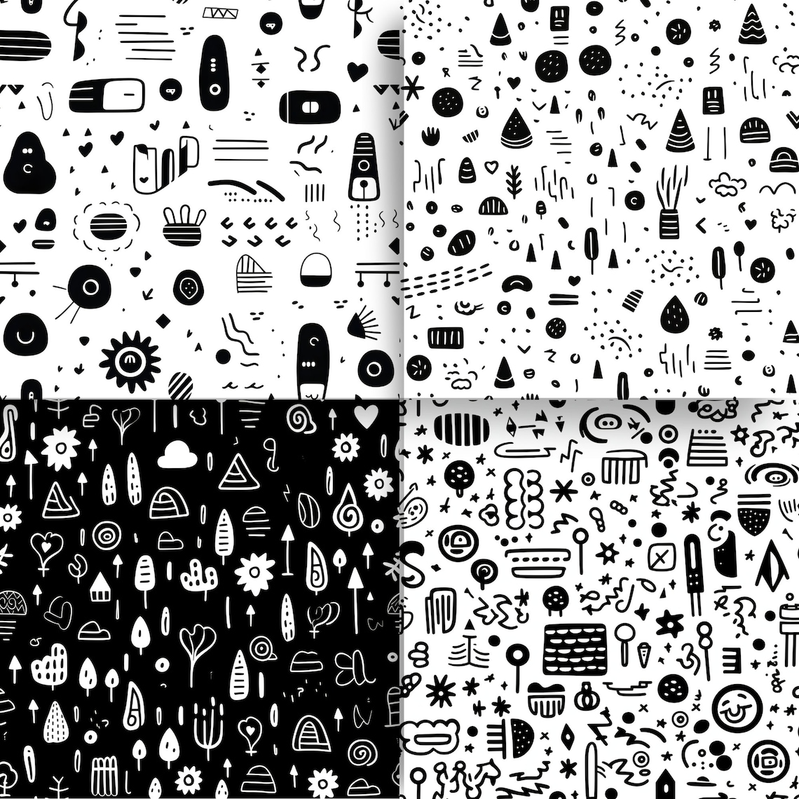Black and White Doodles Digital Paper, Seamless Pattern, Digital Prints ...