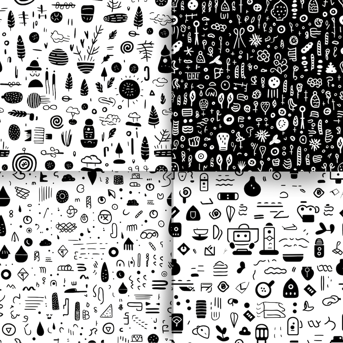 Black and White Doodles Digital Paper, Seamless Pattern, Digital Prints ...
