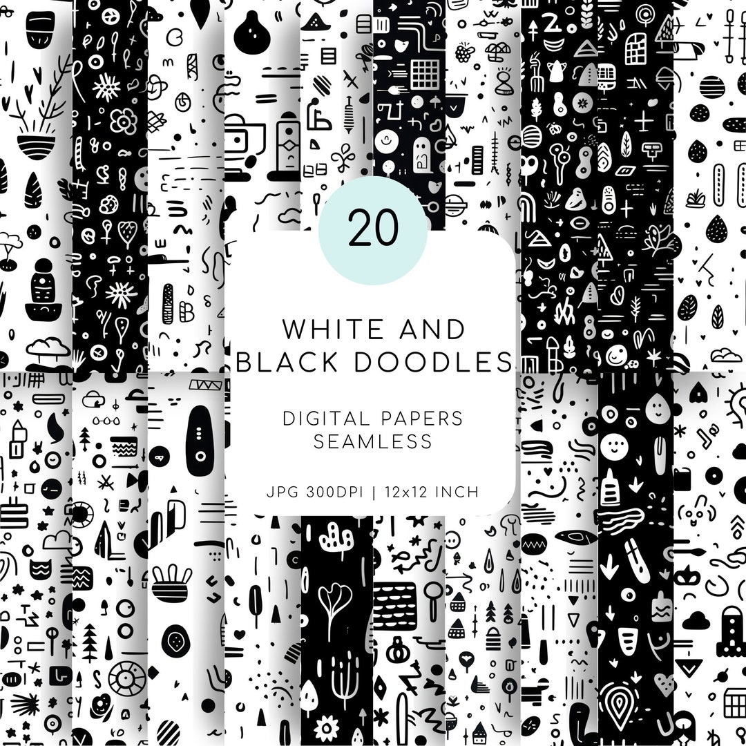 Black and White Doodles Digital Paper, Seamless Pattern, Digital Prints ...