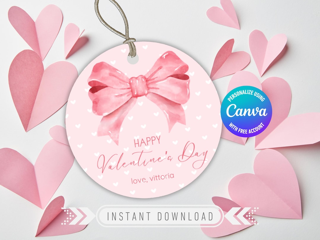 Printable Editable Valentines Day Gift Tag Valentine Gift Tag Pink Bow ...