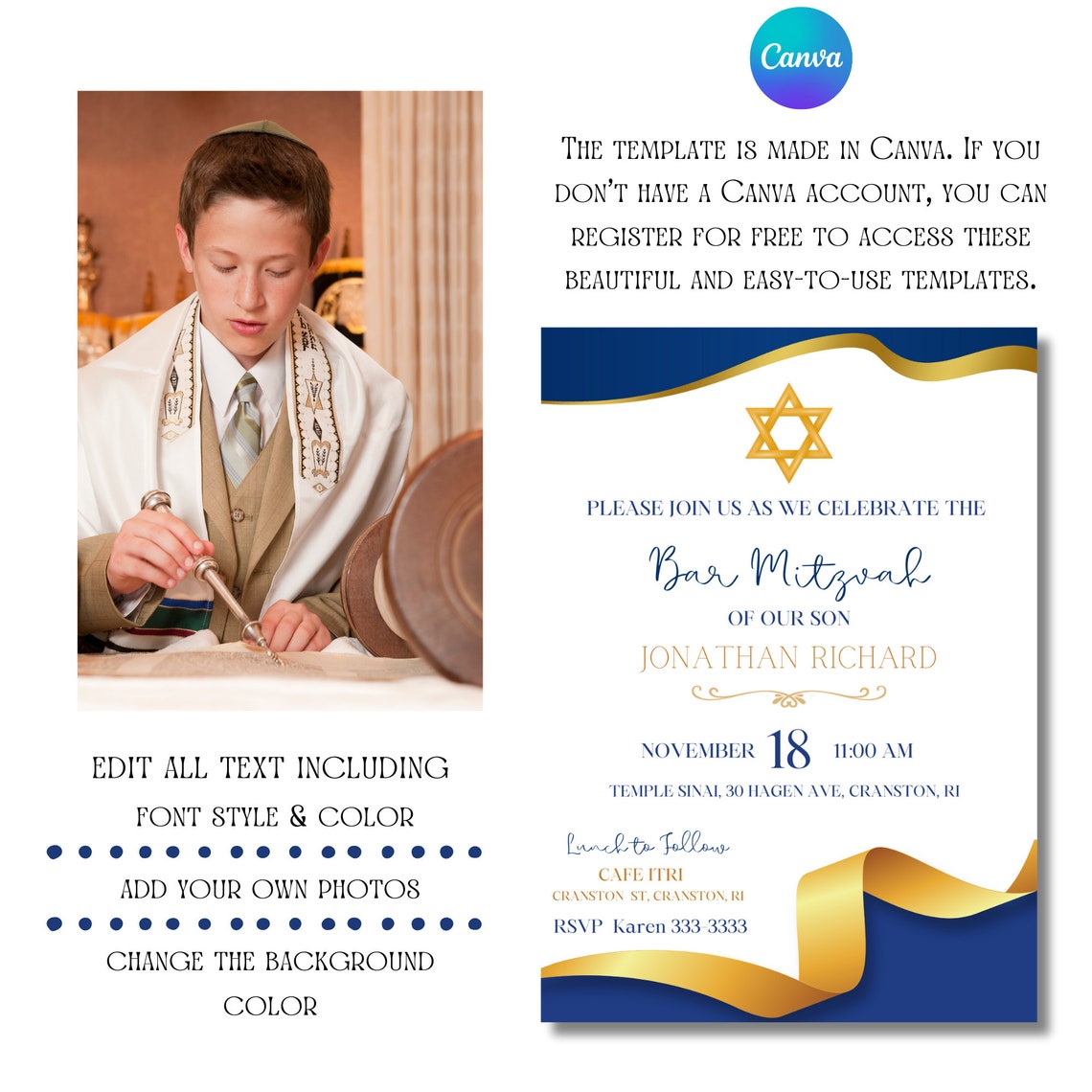 Bar Mitzvah Invitation INSTANT DOWNLOAD Blue and Gold Printable Bat ...