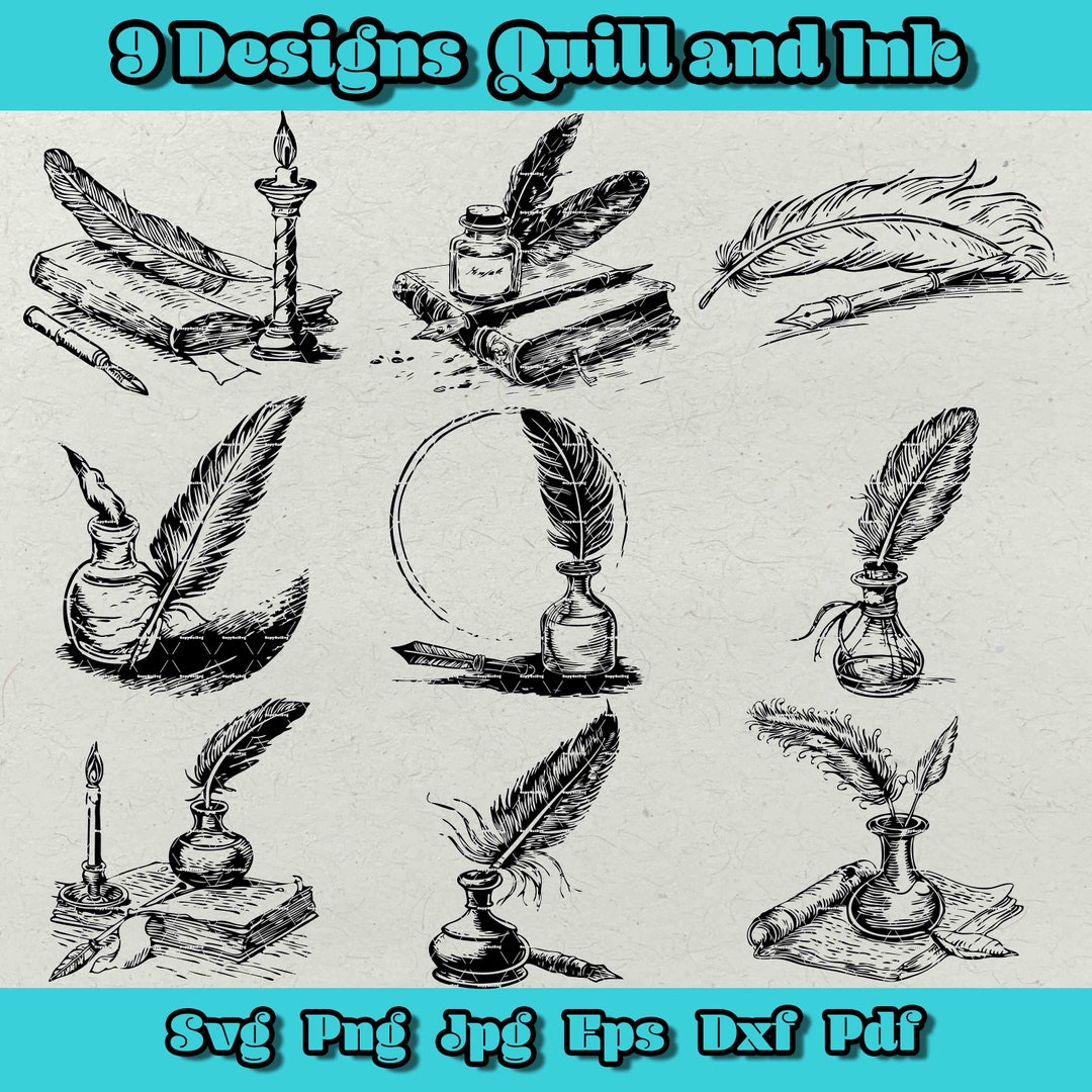 Quill and Ink Svg Bundle, Quill Pen Ink and Book Svg, Ink Bottle Png ...