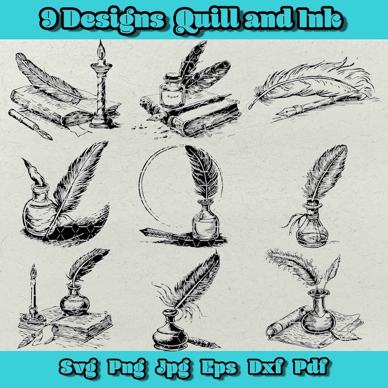 Quill and Ink Svg Bundle, Quill Pen Ink and Book Svg, Ink Bottle Png ...