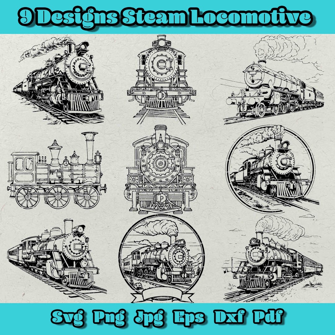 Steam Locomotive Svg Bundle, 9 Train Designs Bundle, Black Train Svg ...