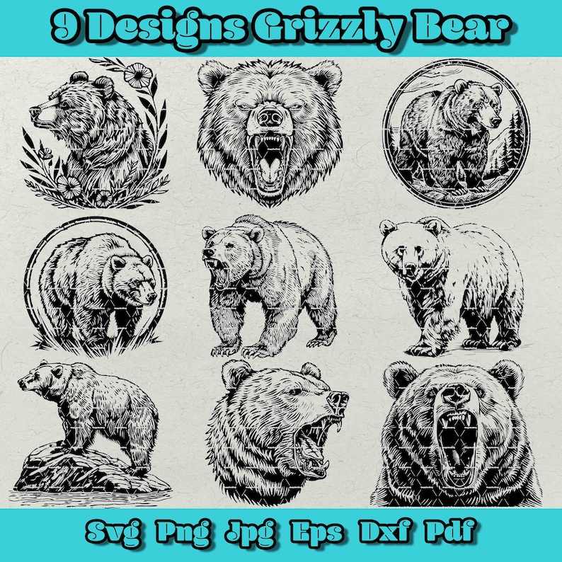 Grizzly Bear Svg Bundle, Bear Head Svg, Floral Bear Svg, Bear Paw Svg, Bear With Banner Svg ...
