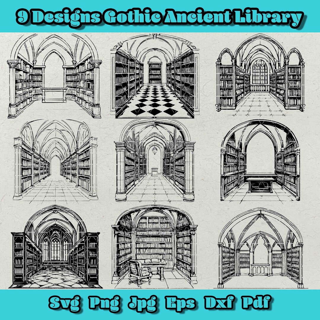 Gothic Library SVG Bundle: Ancient Bookshelf Clipart (9 Design Files ...