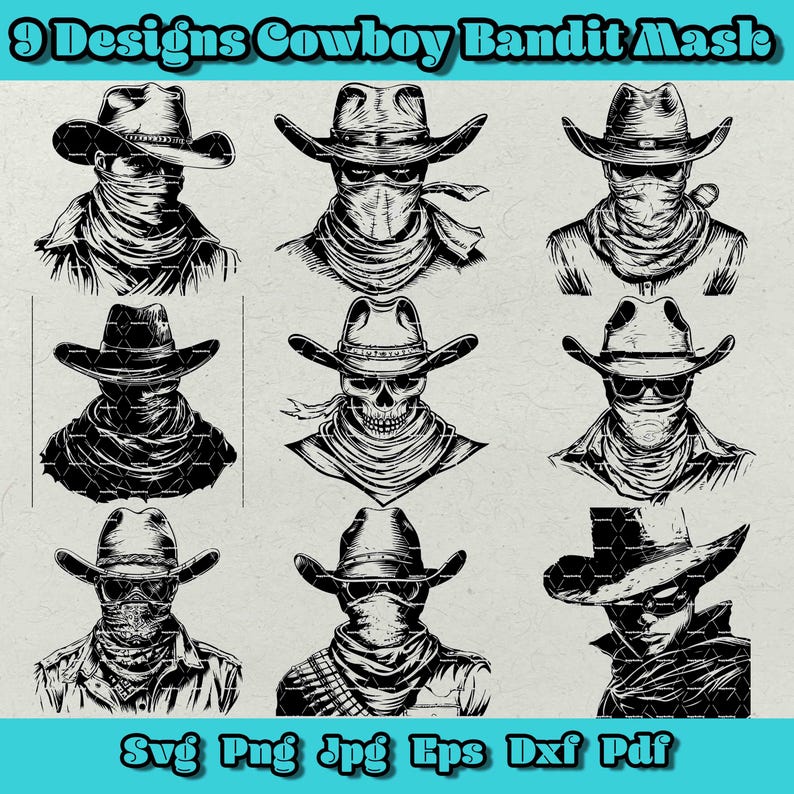 Cowboy Bandit Mask Svg Bundle, Western Bandit PNG, Bandit Mask Clipart ...
