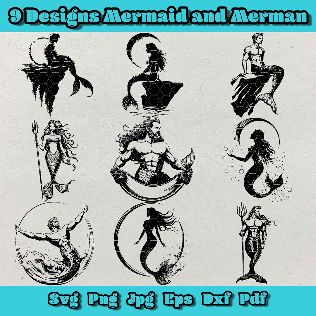 Mermaid and Merman Svg Bundle, Fantasy Sea Couple Clipart, Mermaid and ...