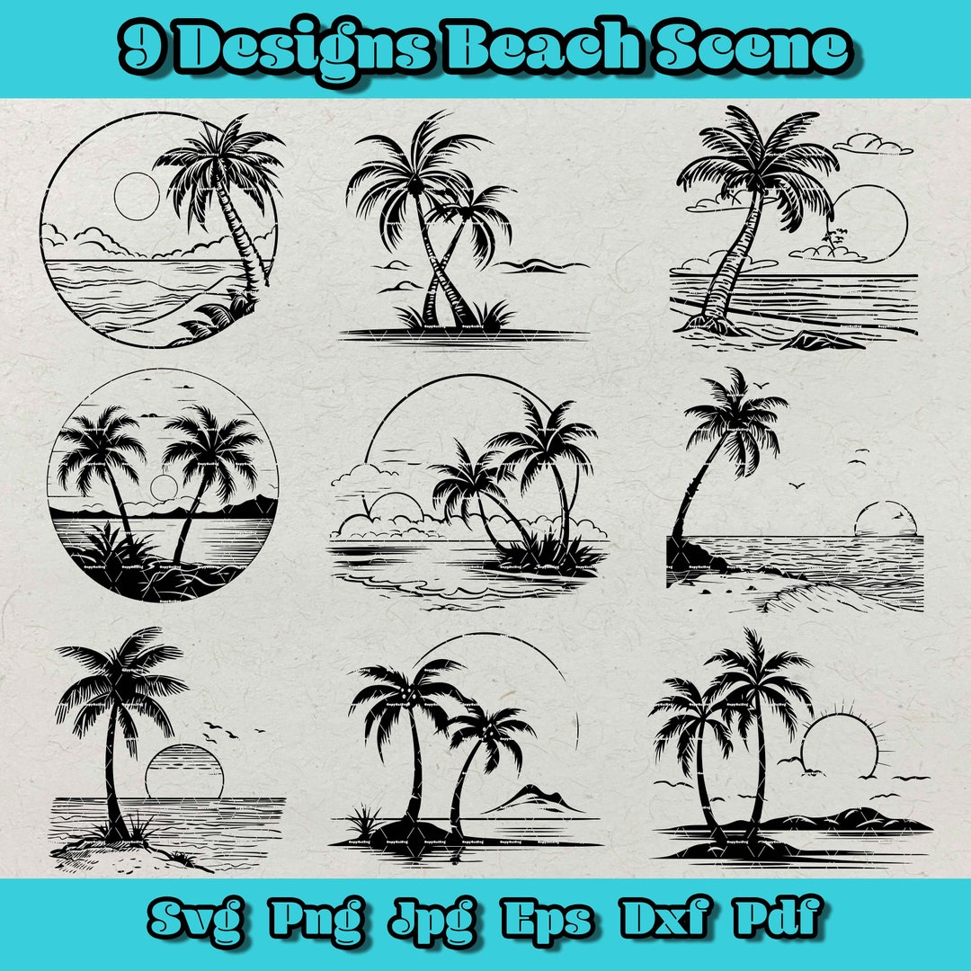 Beach Scene Svg Bundle, Sunset Beach Svg, Sunset Landscape, Nature Scene, Tropical Svg Files ...