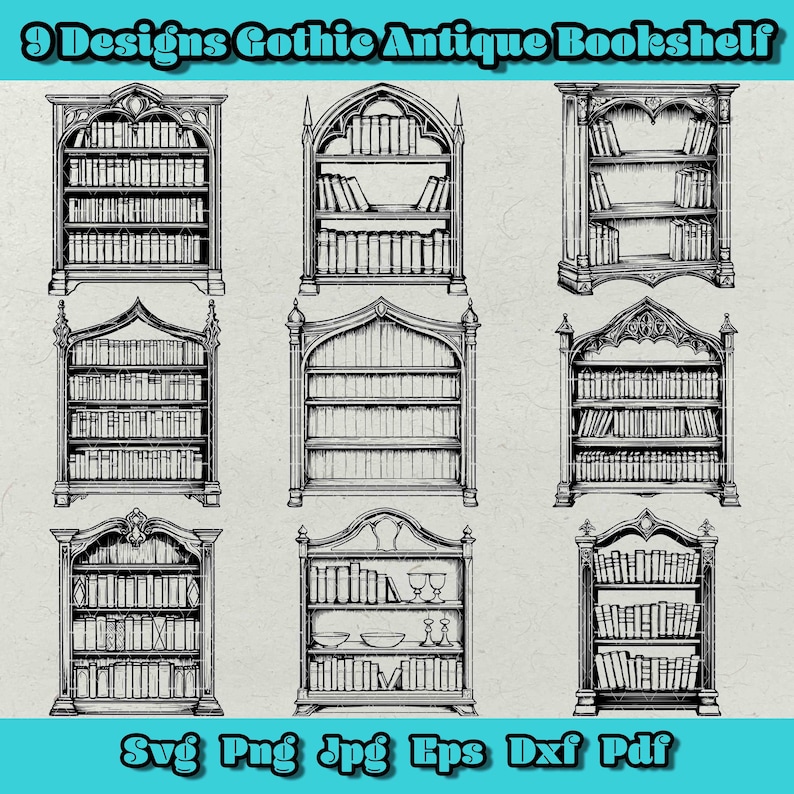 Gothic Antique Bookshelf Svg Bundle, Vintage Bookshelf Clipart, Gothic ...
